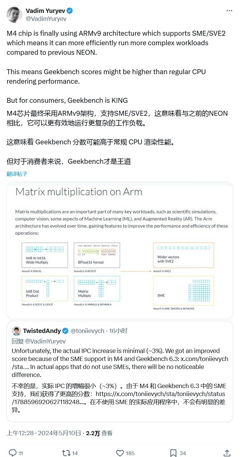 蘋果M4 晶片跑分暴漲背後，訊息稱採用 ARMv9 架構、支援 SME-今日必看